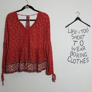 True Craft | Tops | Boho True Craft Red Floral Peplum Tie Back Top 2x ...
